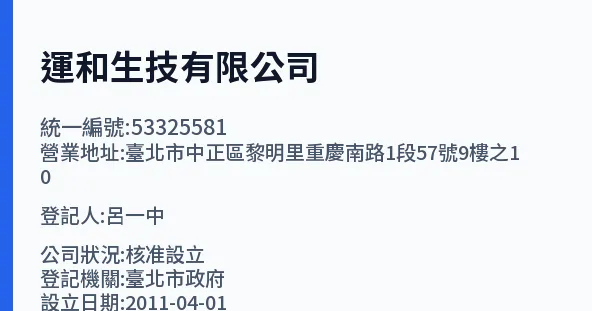 運和生技有限公司的照片-統編 53325581(臺北市) 公司登記資料與營業項目詳細圖表