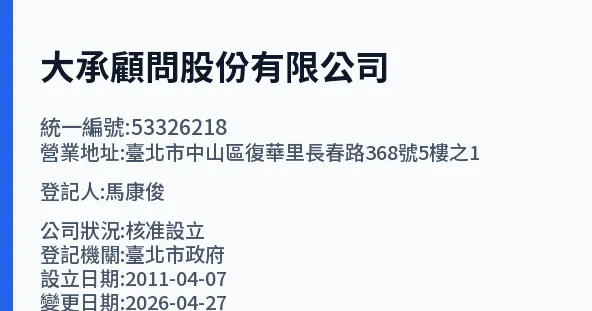 大承顧問股份有限公司的照片-統編 53326218(臺北市) 公司登記資料與營業項目詳細圖表