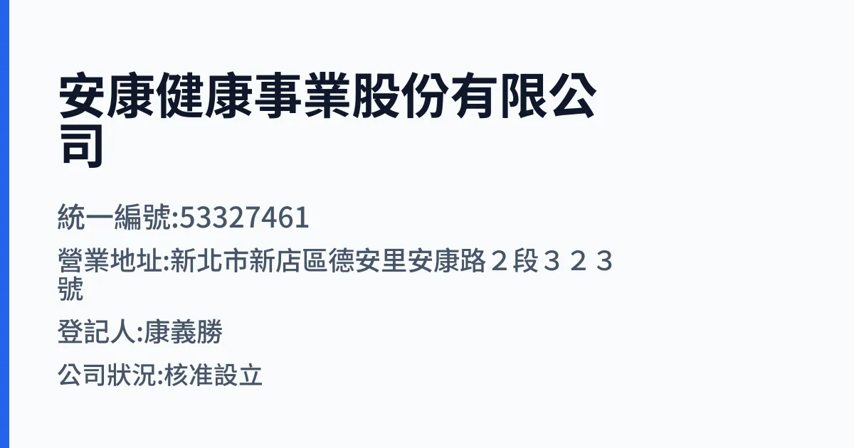 安康健康事業股份有限公司 - 統編 53327461(新北市) 公司登記資料與營業項目詳細圖表