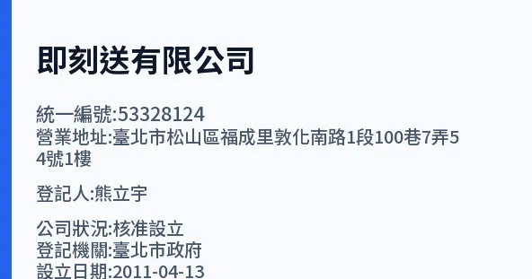 即刻送有限公司的照片-統編 53328124(臺北市) 公司登記資料與營業項目詳細圖表