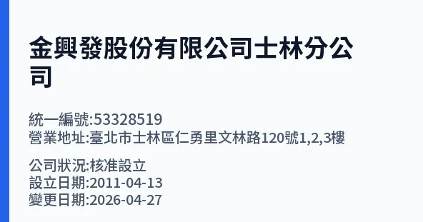 金興發股份有限公司士林分公司的照片-統編 53328519(臺北市) 公司登記資料與營業項目詳細圖表