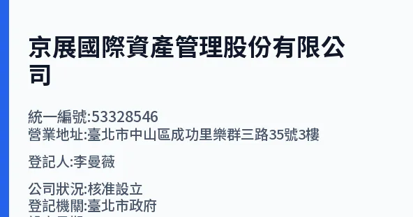 京展國際資產管理股份有限公司的照片-統編 53328546(臺北市) 公司登記資料與營業項目詳細圖表