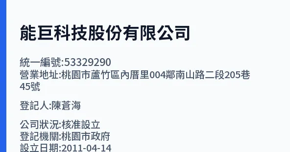 能巨科技股份有限公司的照片-統編 53329290(桃園市) 公司登記資料與營業項目詳細圖表