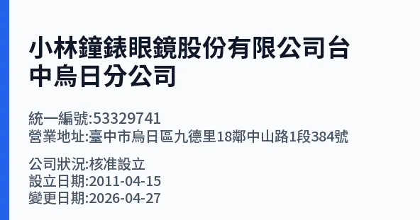 小林鐘錶眼鏡股份有限公司台中烏日分公司的照片-統編 53329741(臺中市) 公司登記資料與營業項目詳細圖表