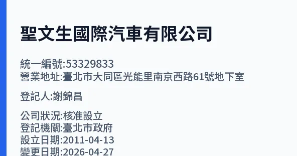 聖文生國際汽車有限公司的照片-統編 53329833(臺北市) 公司登記資料與營業項目詳細圖表