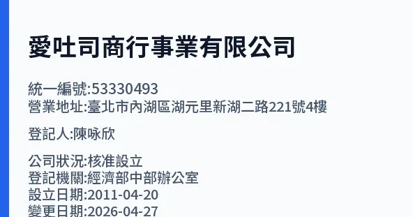 愛吐司商行事業有限公司的照片-統編 53330493(臺北市) 公司登記資料與營業項目詳細圖表