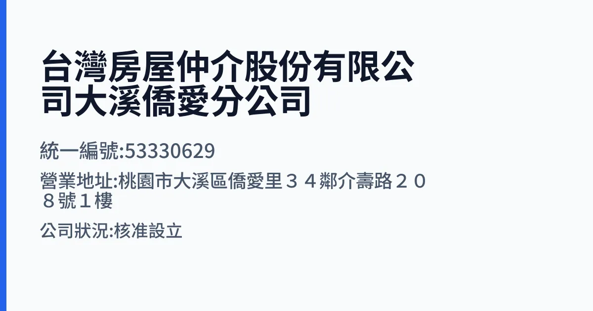 台灣房屋仲介股份有限公司大溪僑愛分公司 - 統編 53330629(桃園市) 公司登記資料與營業項目詳細圖表