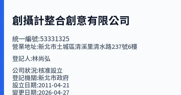 創攝計整合創意有限公司的照片-統編 53331325(新北市) 公司登記資料與營業項目詳細圖表