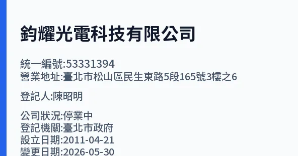 鈞耀光電科技有限公司的照片-統編 53331394(臺北市) 公司登記資料與營業項目詳細圖表