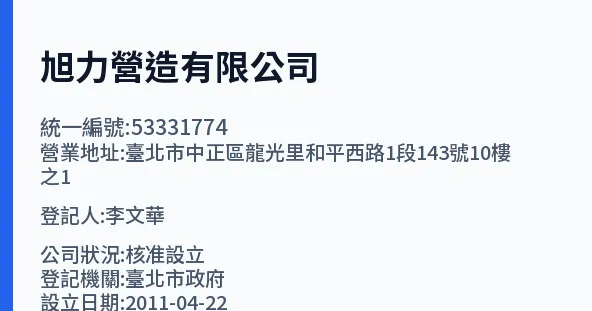旭力營造有限公司的照片-統編 53331774(臺北市) 公司登記資料與營業項目詳細圖表