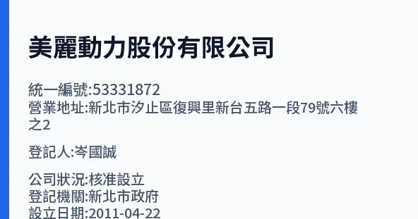 美麗動力股份有限公司的照片-統編 53331872(新北市) 公司登記資料與營業項目詳細圖表