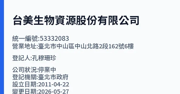 台美生物資源股份有限公司的照片-統編 53332083(臺北市) 公司登記資料與營業項目詳細圖表