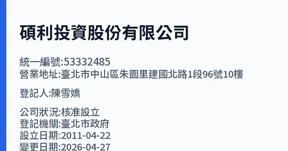 碩利投資股份有限公司的照片-統編 53332485(臺北市) 公司登記資料與營業項目詳細圖表