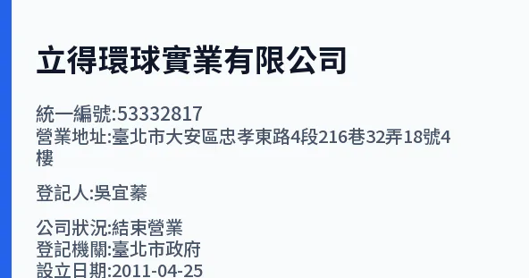 立得環球實業有限公司的照片-統編 53332817(臺北市) 公司登記資料與營業項目詳細圖表
