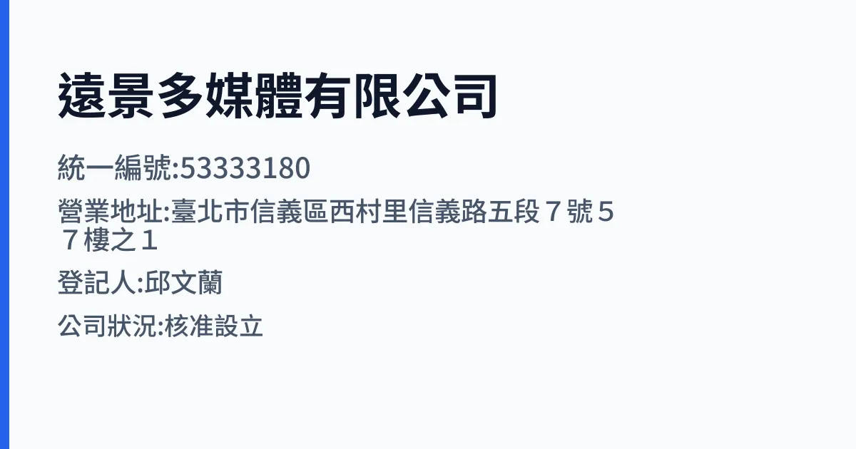 遠景多媒體有限公司 - 統編 53333180(臺北市) 公司登記資料與營業項目詳細圖表