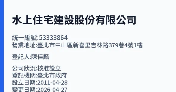 水上住宅建設股份有限公司的照片-統編 53333864(臺北市) 公司登記資料與營業項目詳細圖表