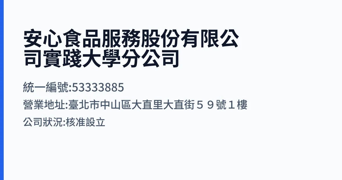 安心食品服務股份有限公司實踐大學分公司 - 統編 53333885(臺北市) 公司登記資料與營業項目詳細圖表