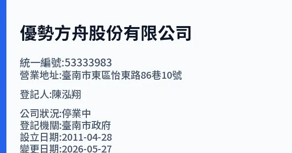 優勢方舟股份有限公司的照片-統編 53333983(臺南市) 公司登記資料與營業項目詳細圖表