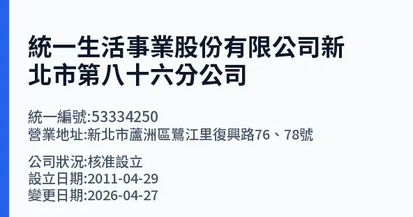 統一生活事業股份有限公司新北市第八十六分公司的照片-統編 53334250(新北市) 公司登記資料與營業項目詳細圖表
