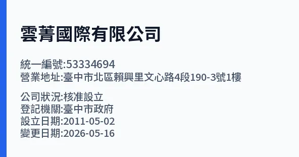 雲菁國際有限公司的照片-統編 53334694(臺中市) 公司登記資料與營業項目詳細圖表