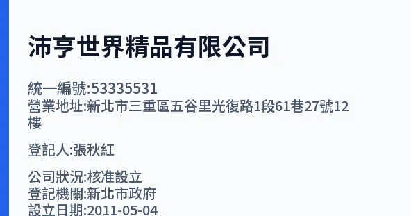 沛亨世界精品有限公司的照片-統編 53335531(新北市) 公司登記資料與營業項目詳細圖表