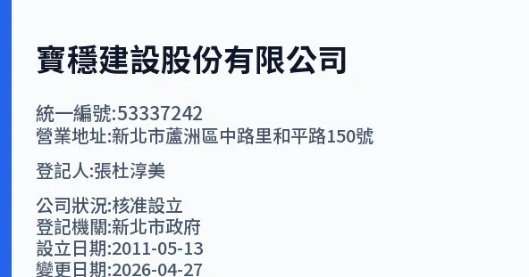 寶穩建設股份有限公司的照片-統編 53337242(新北市) 公司登記資料與營業項目詳細圖表
