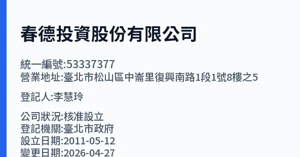 春德投資股份有限公司的照片-統編 53337377(臺北市) 公司登記資料與營業項目詳細圖表