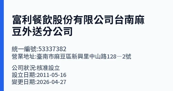 富利餐飲股份有限公司台南麻豆外送分公司的照片-統編 53337382(臺南市) 公司登記資料與營業項目詳細圖表