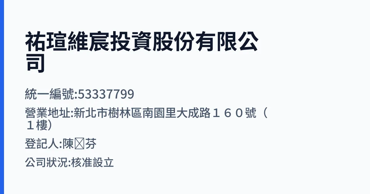 祐瑄維宸投資股份有限公司 - 統編 53337799(新北市) 公司登記資料與營業項目詳細圖表