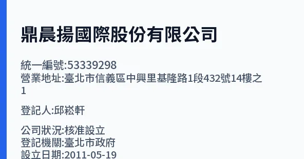 鼎晨揚國際股份有限公司的照片-統編 53339298(臺北市) 公司登記資料與營業項目詳細圖表
