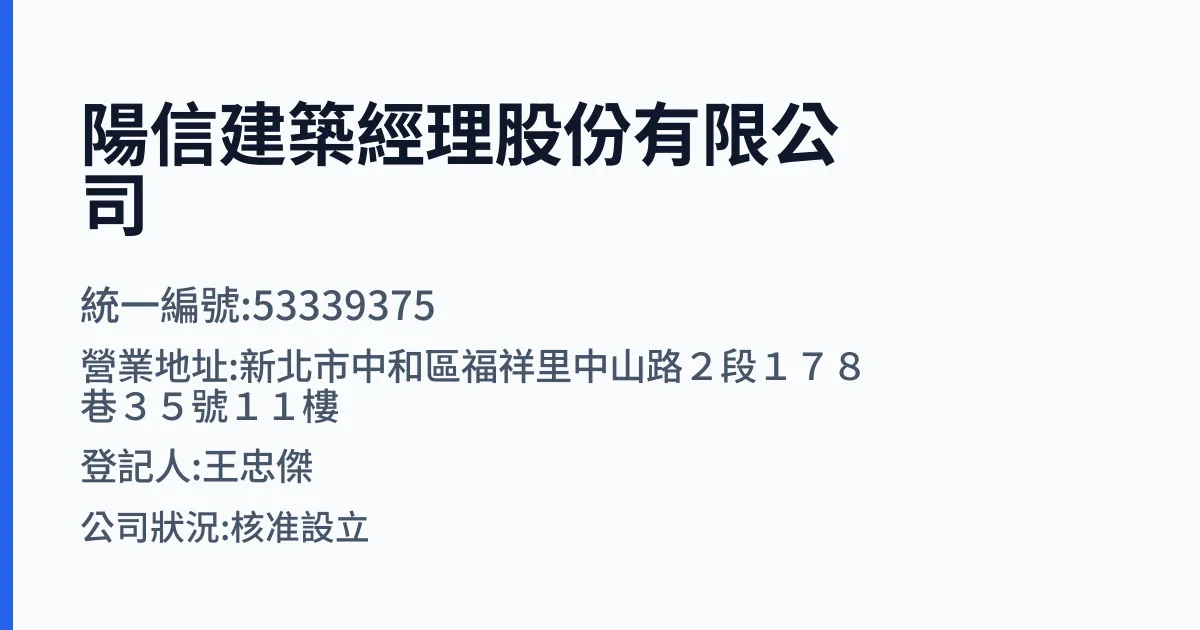 陽信建築經理股份有限公司 - 統編 53339375(新北市) 公司登記資料與營業項目詳細圖表