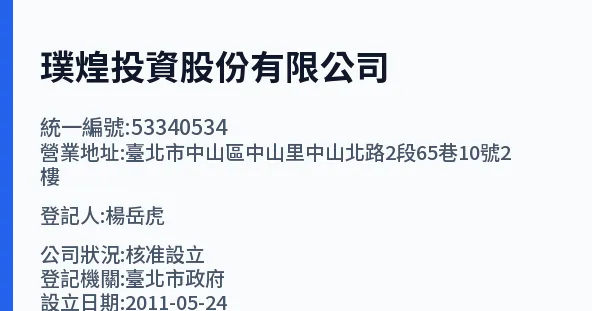 璞煌投資股份有限公司的照片-統編 53340534(臺北市) 公司登記資料與營業項目詳細圖表
