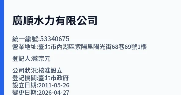 廣順水力有限公司的照片-統編 53340675(臺北市) 公司登記資料與營業項目詳細圖表