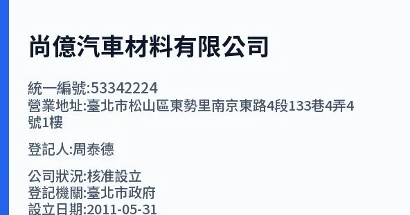 尚億汽車材料有限公司的照片-統編 53342224(臺北市) 公司登記資料與營業項目詳細圖表