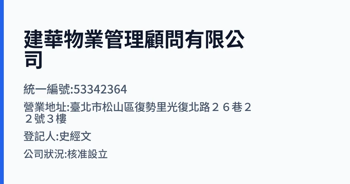 建華物業管理顧問有限公司 - 統編 53342364(臺北市) 公司登記資料與營業項目詳細圖表