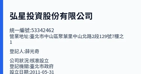 弘星投資股份有限公司的照片-統編 53342462(臺北市) 公司登記資料與營業項目詳細圖表