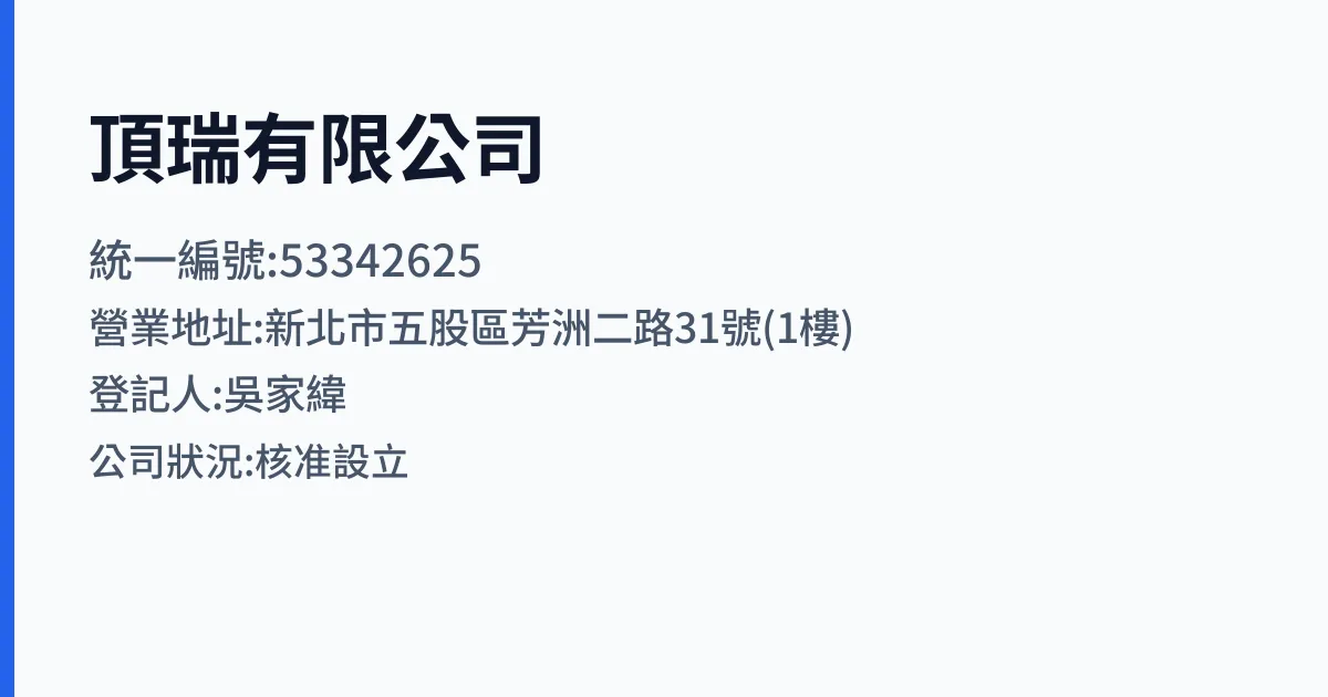 頂瑞有限公司 - 統編 53342625(新北市) 公司登記資料與營業項目詳細圖表