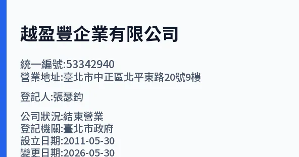 越盈豐企業有限公司的照片-統編 53342940(臺北市) 公司登記資料與營業項目詳細圖表