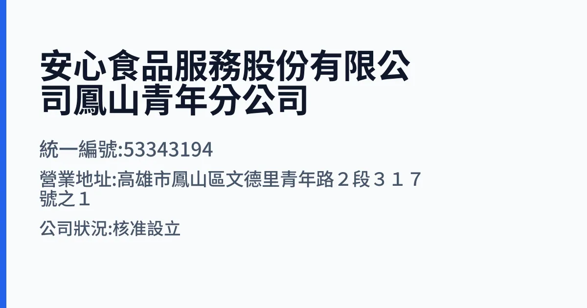 安心食品服務股份有限公司鳳山青年分公司 - 統編 53343194(高雄市) 公司登記資料與營業項目詳細圖表