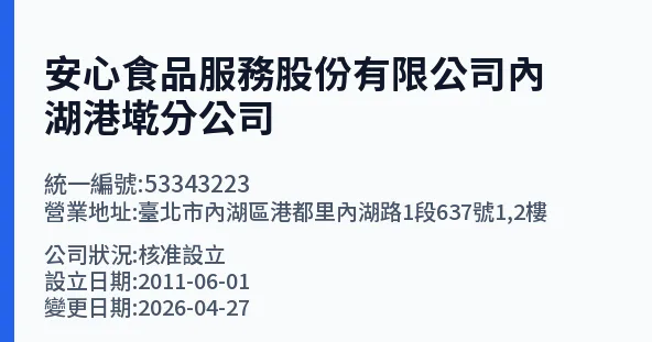 安心食品服務股份有限公司內湖港墘分公司的照片-統編 53343223(臺北市) 公司登記資料與營業項目詳細圖表