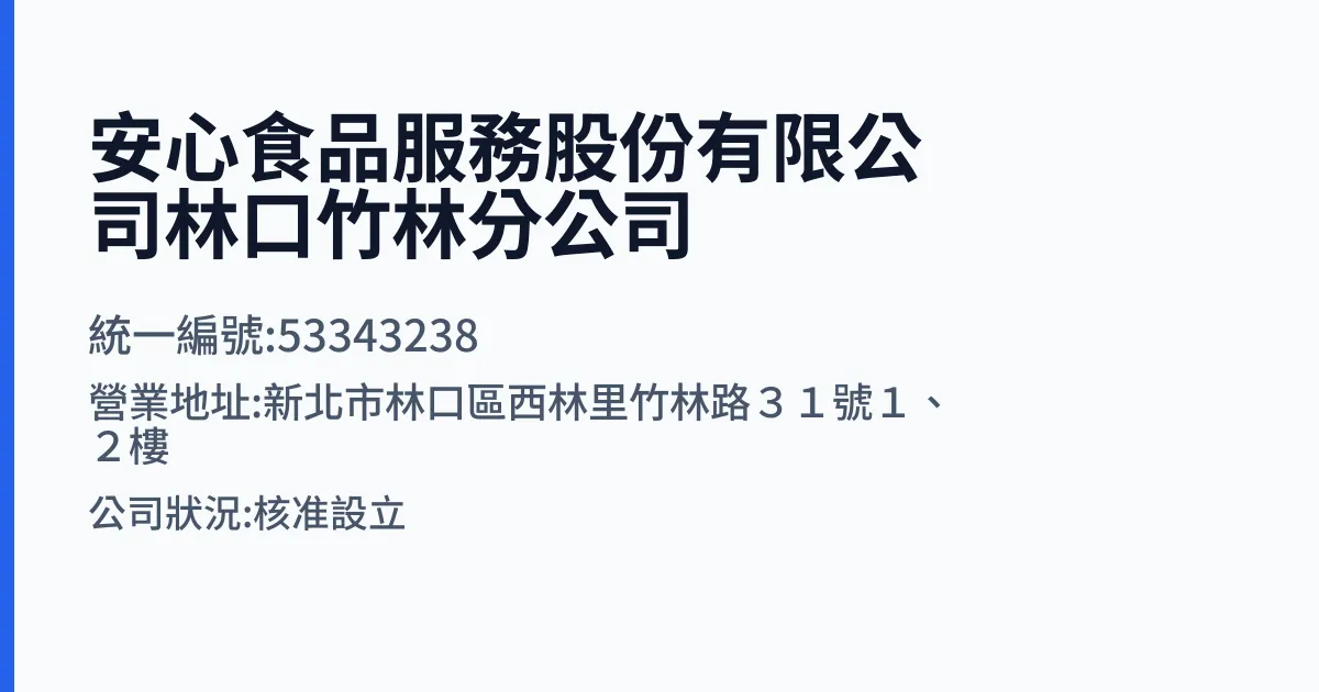 安心食品服務股份有限公司林口竹林分公司 - 統編 53343238(新北市) 公司登記資料與營業項目詳細圖表