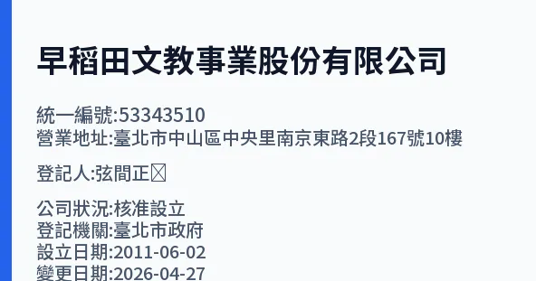 早稻田文教事業股份有限公司的照片-統編 53343510(臺北市) 公司登記資料與營業項目詳細圖表