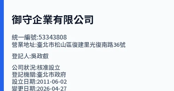 御守企業有限公司的照片-統編 53343808(臺北市) 公司登記資料與營業項目詳細圖表