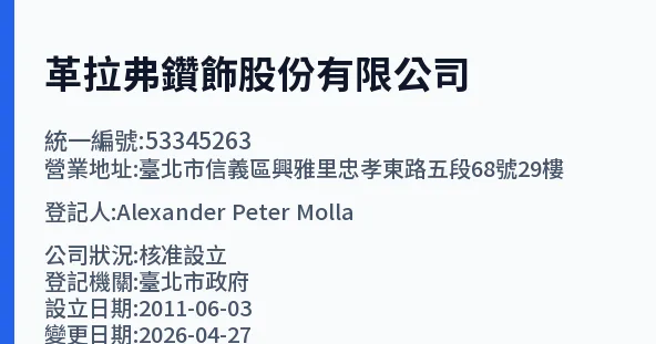 革拉弗鑽飾股份有限公司的照片-統編 53345263(臺北市) 公司登記資料與營業項目詳細圖表