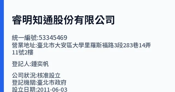 睿明知通股份有限公司的照片-統編 53345469(臺北市) 公司登記資料與營業項目詳細圖表