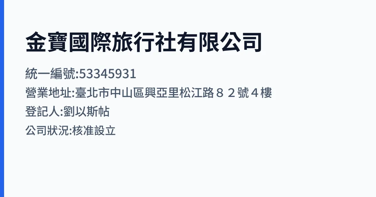 金寶國際旅行社有限公司 - 統編 53345931(臺北市) 公司登記資料與營業項目詳細圖表