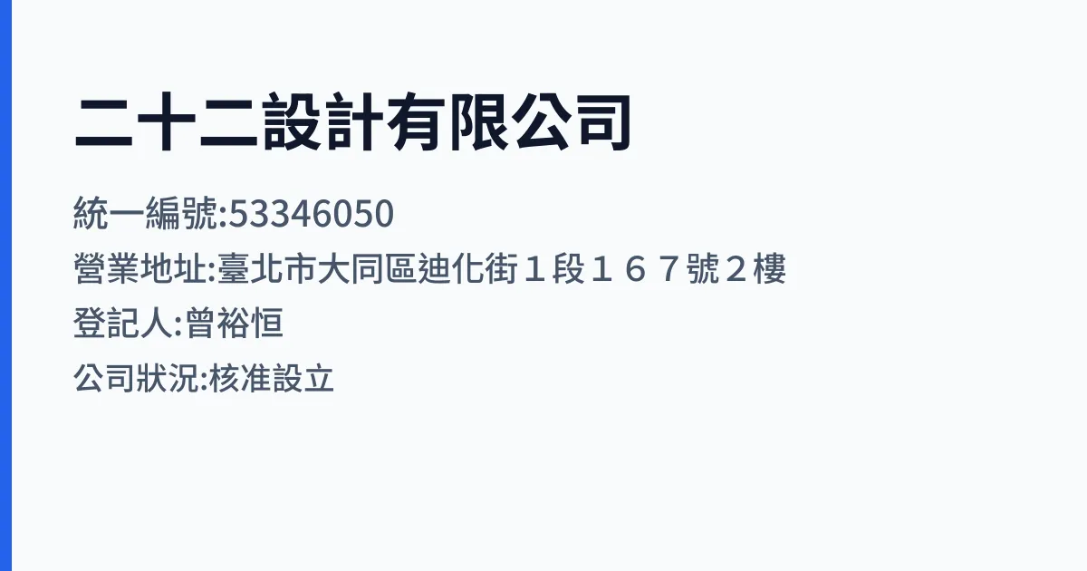 二十二設計有限公司 - 統編 53346050(臺北市) 公司登記資料與營業項目詳細圖表