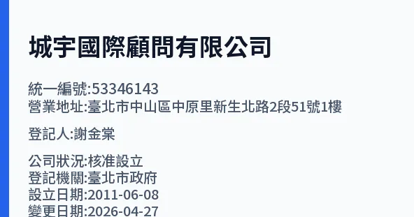 城宇國際顧問有限公司的照片-統編 53346143(臺北市) 公司登記資料與營業項目詳細圖表