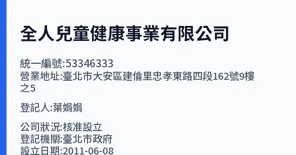 全人兒童健康事業有限公司的照片-統編 53346333(臺北市) 公司登記資料與營業項目詳細圖表