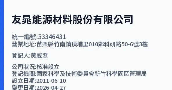 友晁能源材料股份有限公司的照片-統編 53346431(苗栗縣) 公司登記資料與營業項目詳細圖表